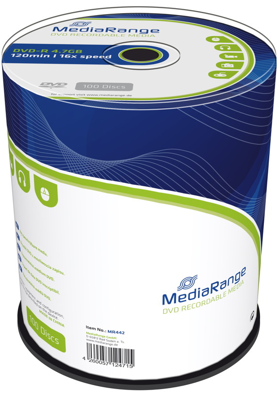 100 Mediarange Rohlinge DVD-R 4,7GB 16x Spindel