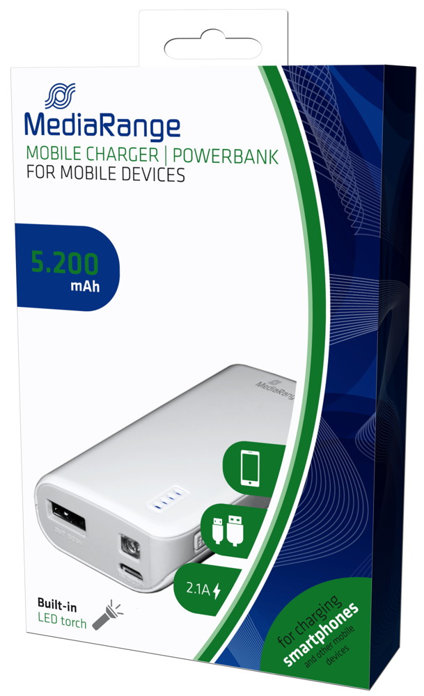 Mediarange Powerbank mobile Ladestation 5200 mAh Ladegerät USB OUT weiß