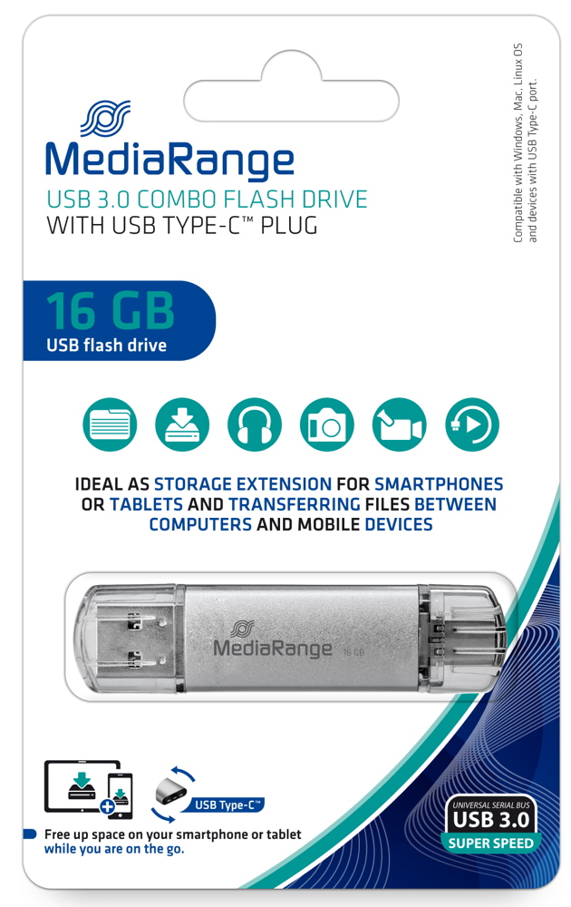 Mediarange USB Stick 16GB Speicherstick Combo silber Typ C USB 3.0