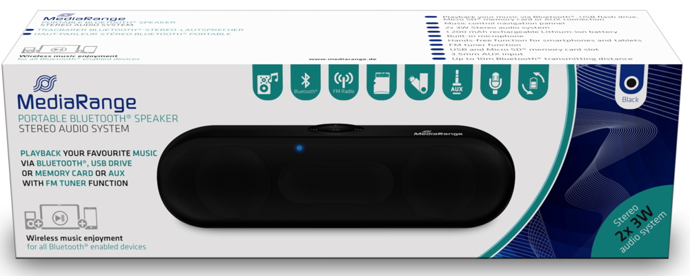 Mediarange Bluetooth portabler Lautsprecher Stereo Audio System schwarz