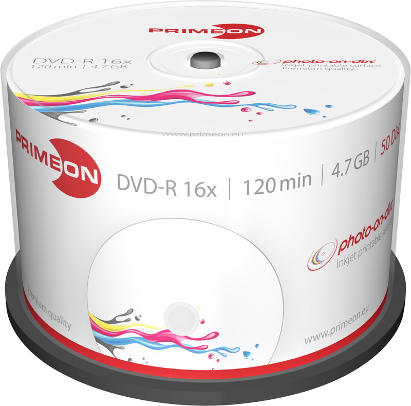 100 Primeon Rohlinge DVD-R full printable photo on disc 4,7GB 16x Spindel